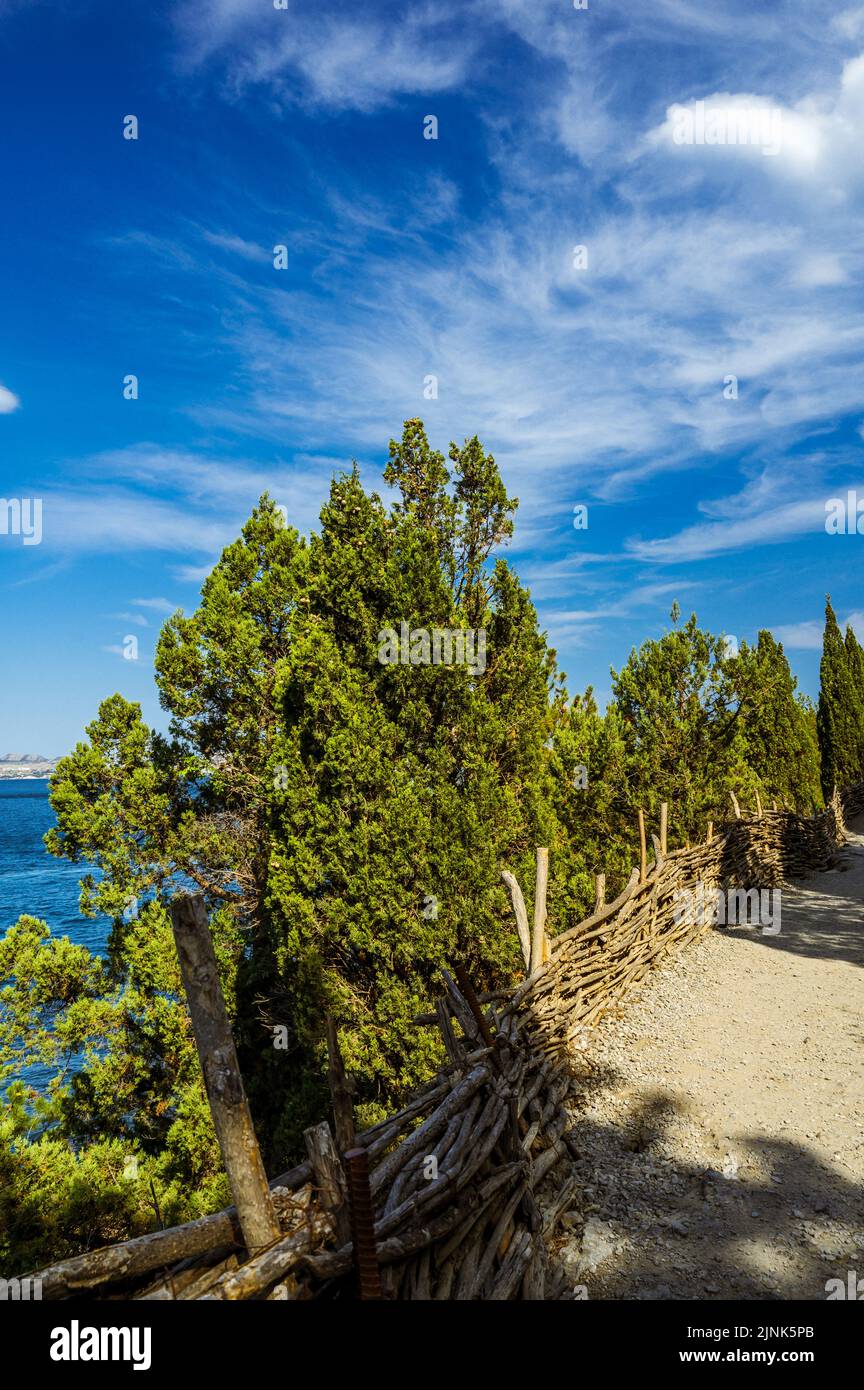 Scenic landscape of blue sky, sea and green trees. Beautiful summer ...