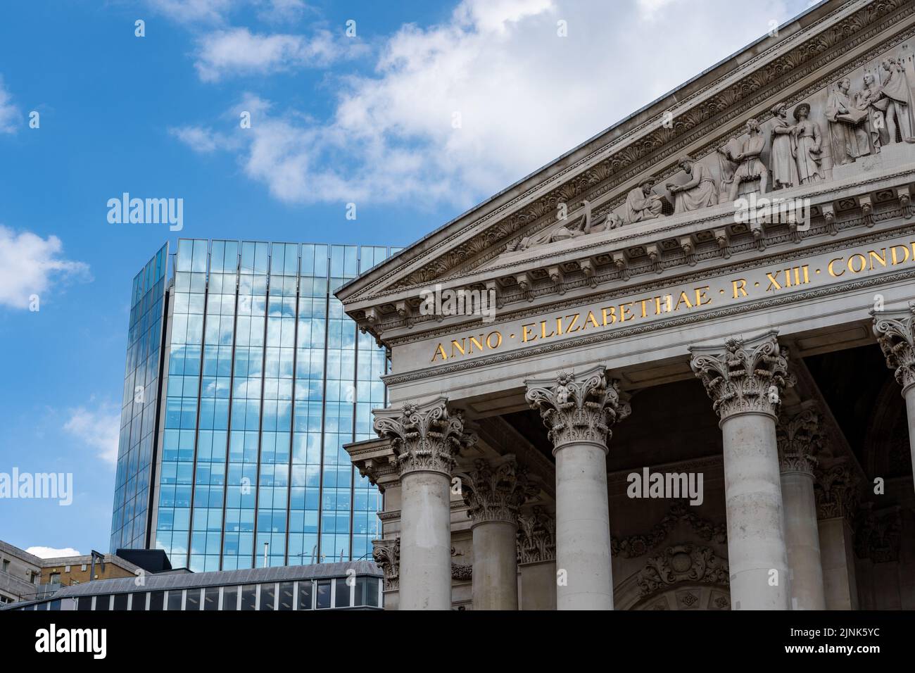 London, England: facade of Royal Exchange, inscription: "founded in the ...