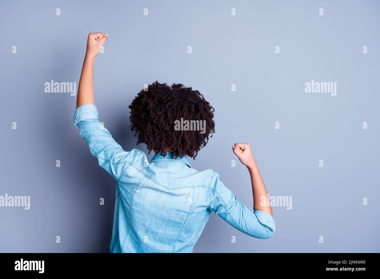 Back rear behind portrait of pretty lady rejoice pass exam raise arms ...