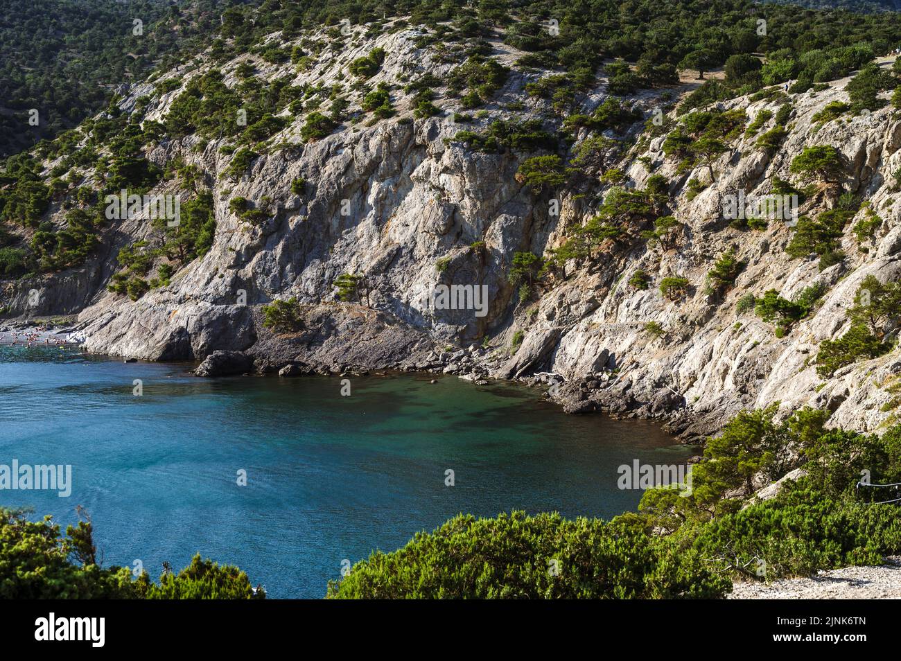 Tsarskaya Bay in Crimea. Scenic landscape of sea and mountains. Novy ...