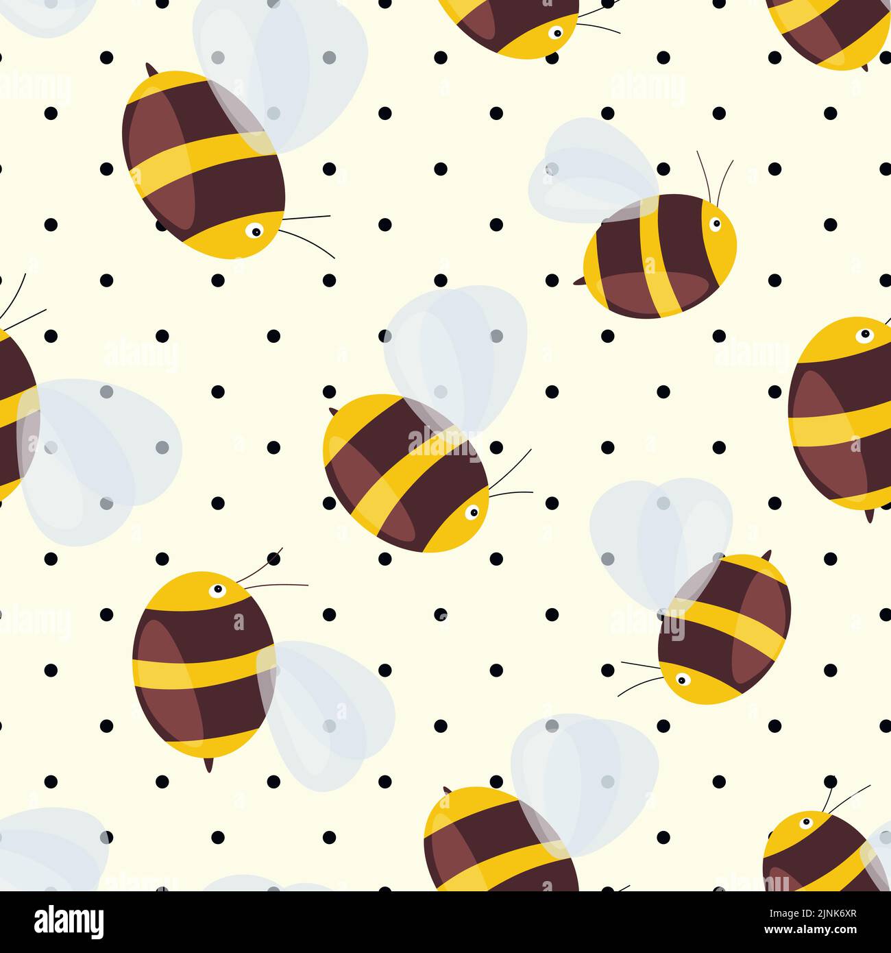 Seamless pattern with bees on white polka dots background. Small wasp ...