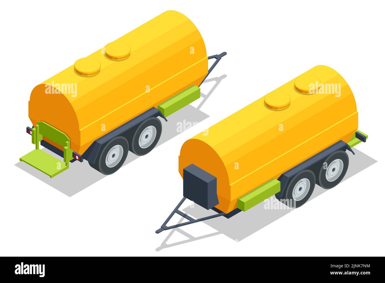 Isometric yellow agriculture tank trailer or wheeled trailer with water ...