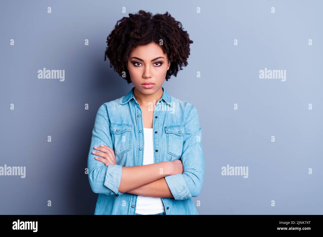 Photo of nice serious woman keep hands arms crossed upset complain ...
