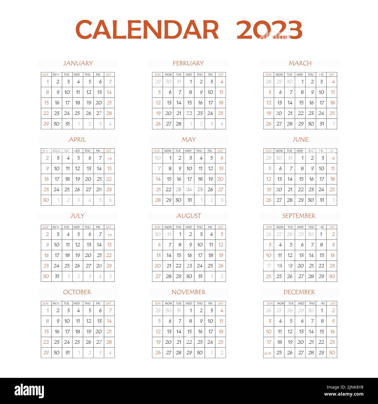 2023 calendar planner. Corporate week. Template layout, 12 months ...