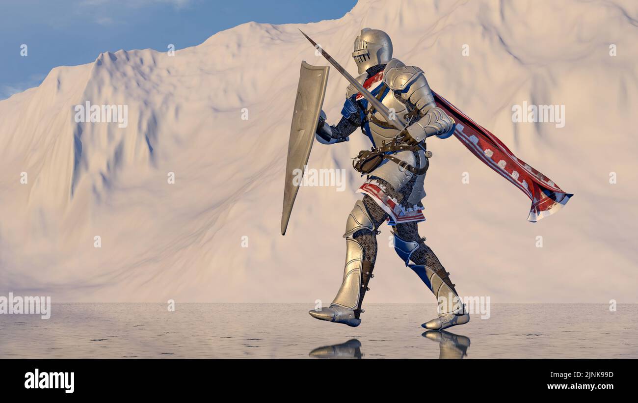 Medieval knight in the background of snowy mountains on a reflective ...