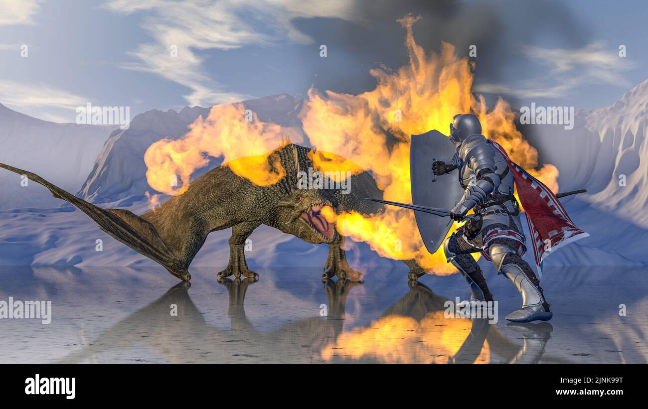 Knight Fighting Dragon Breathing Fire Dragon #10 : A Knight Against A