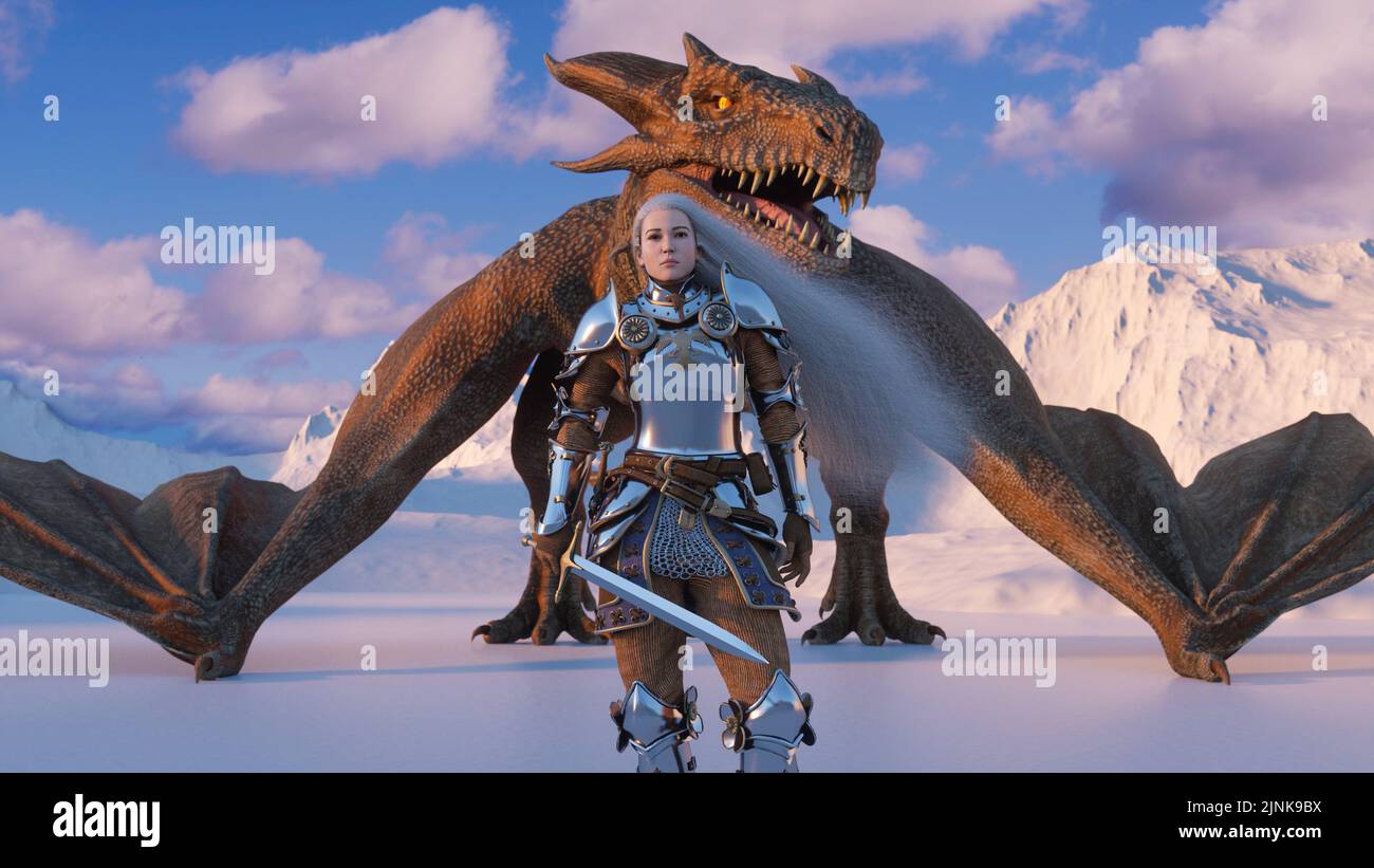 White haired female warrior knight stands with a drawn sword and a ...