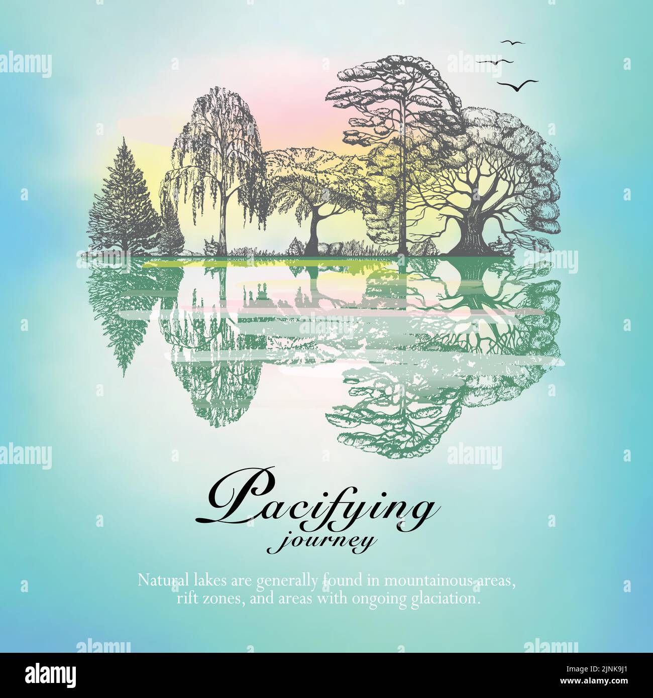 Winter forest border trees reflection on the surface of the frozen lake ...