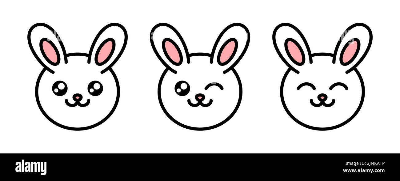 Cute white rabbit face set. Bunny emoticon smiling and winking. Kawaii ...