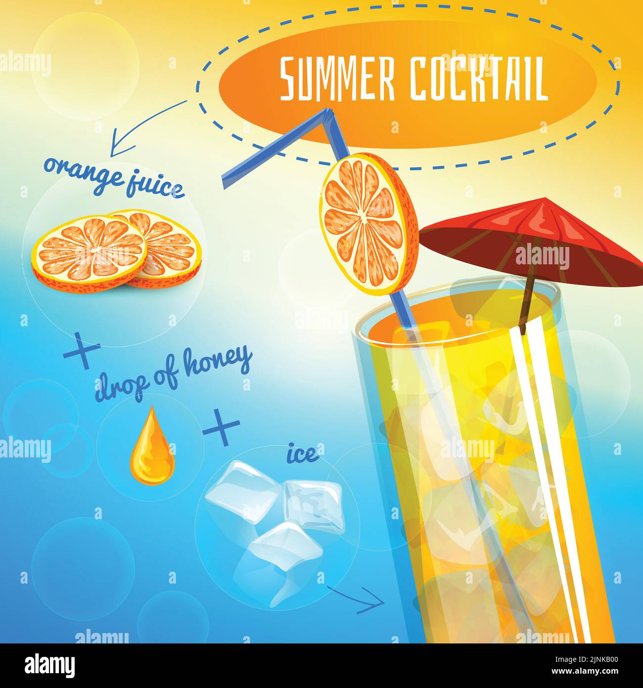 Summer cocktail recipe with orange juice drop of honey and ice cartoon ...