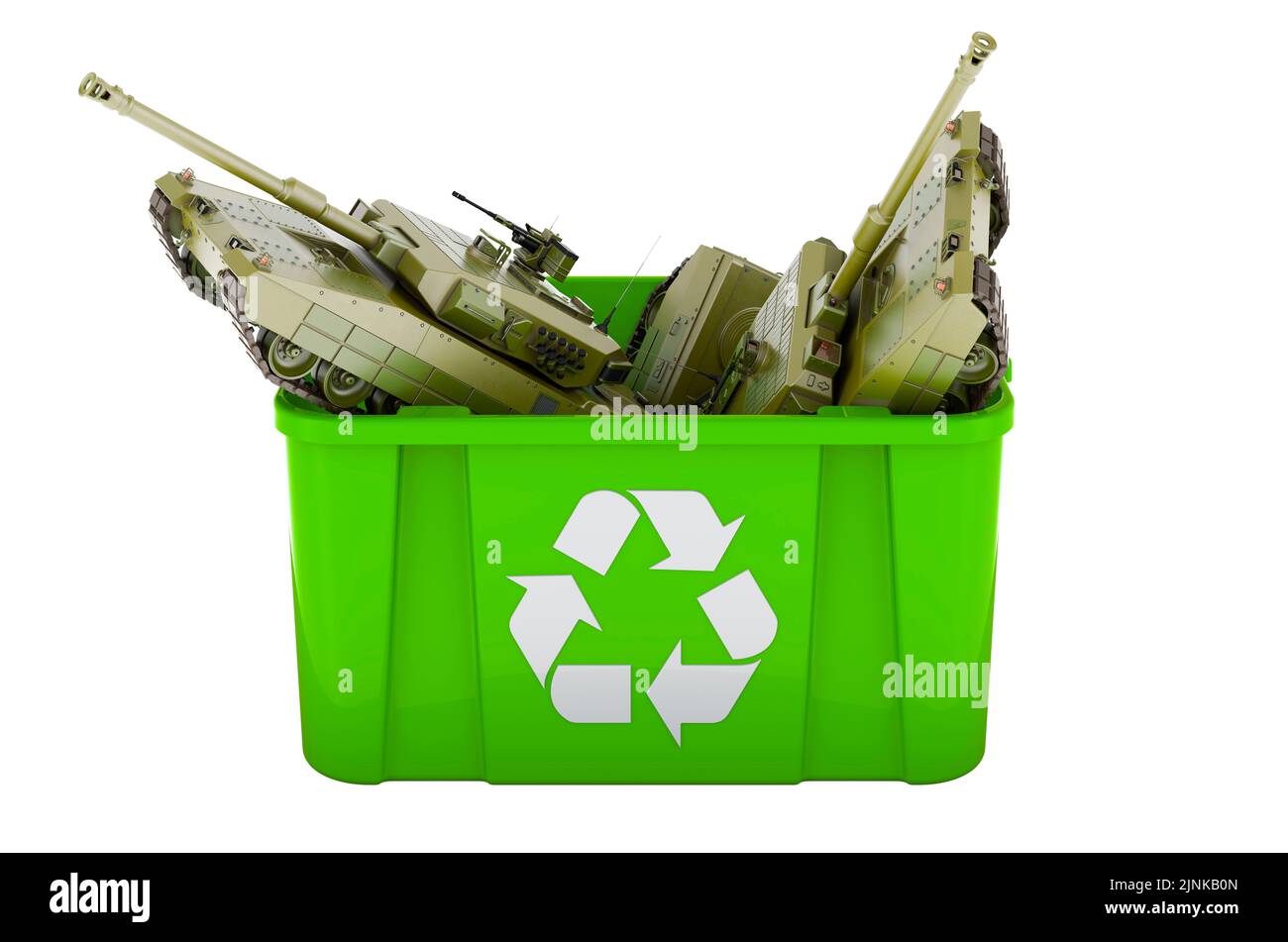 Recycling trashcan with battle tanks, 3D rendering isolated on white ...
