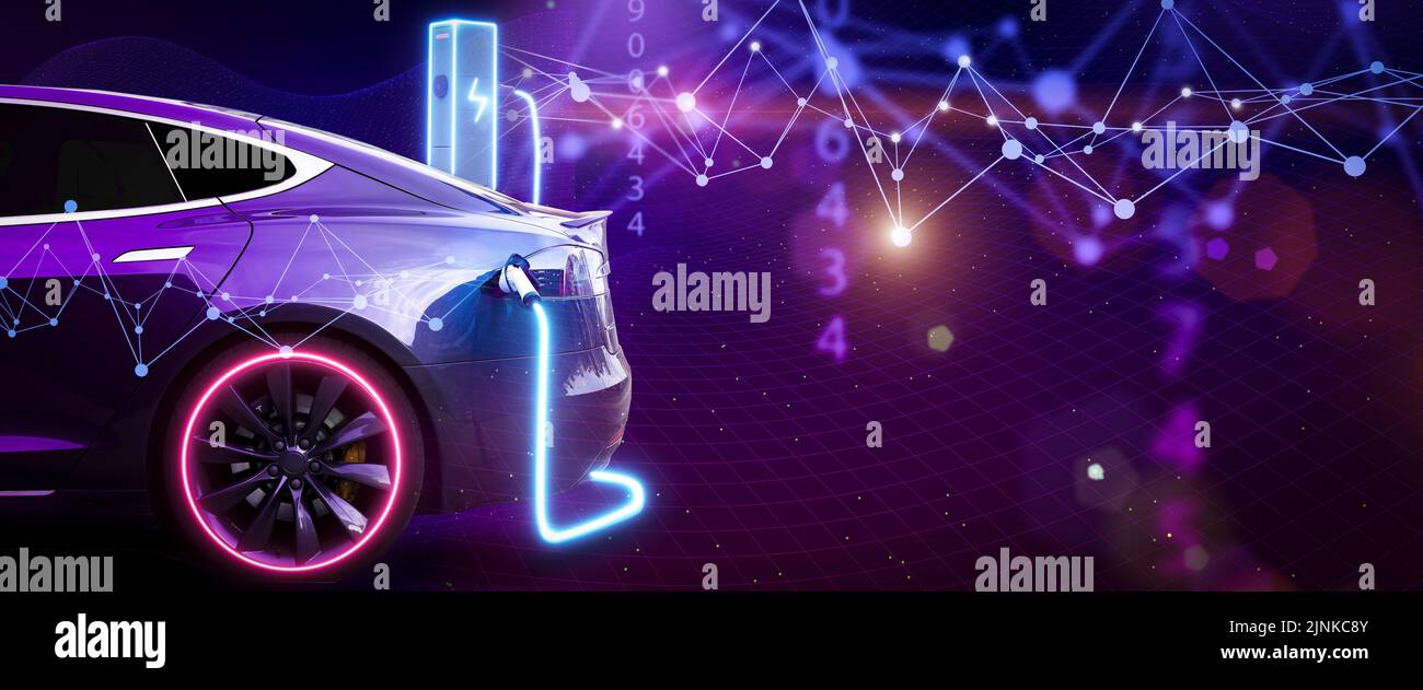 Electric car futuristic banner background. Charging the battery of an ...
