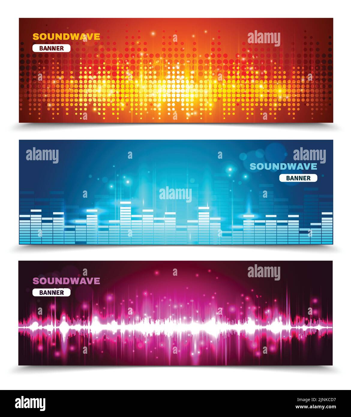 Audio equalizer sound wave display 3 horizontal banners set in vivid ...