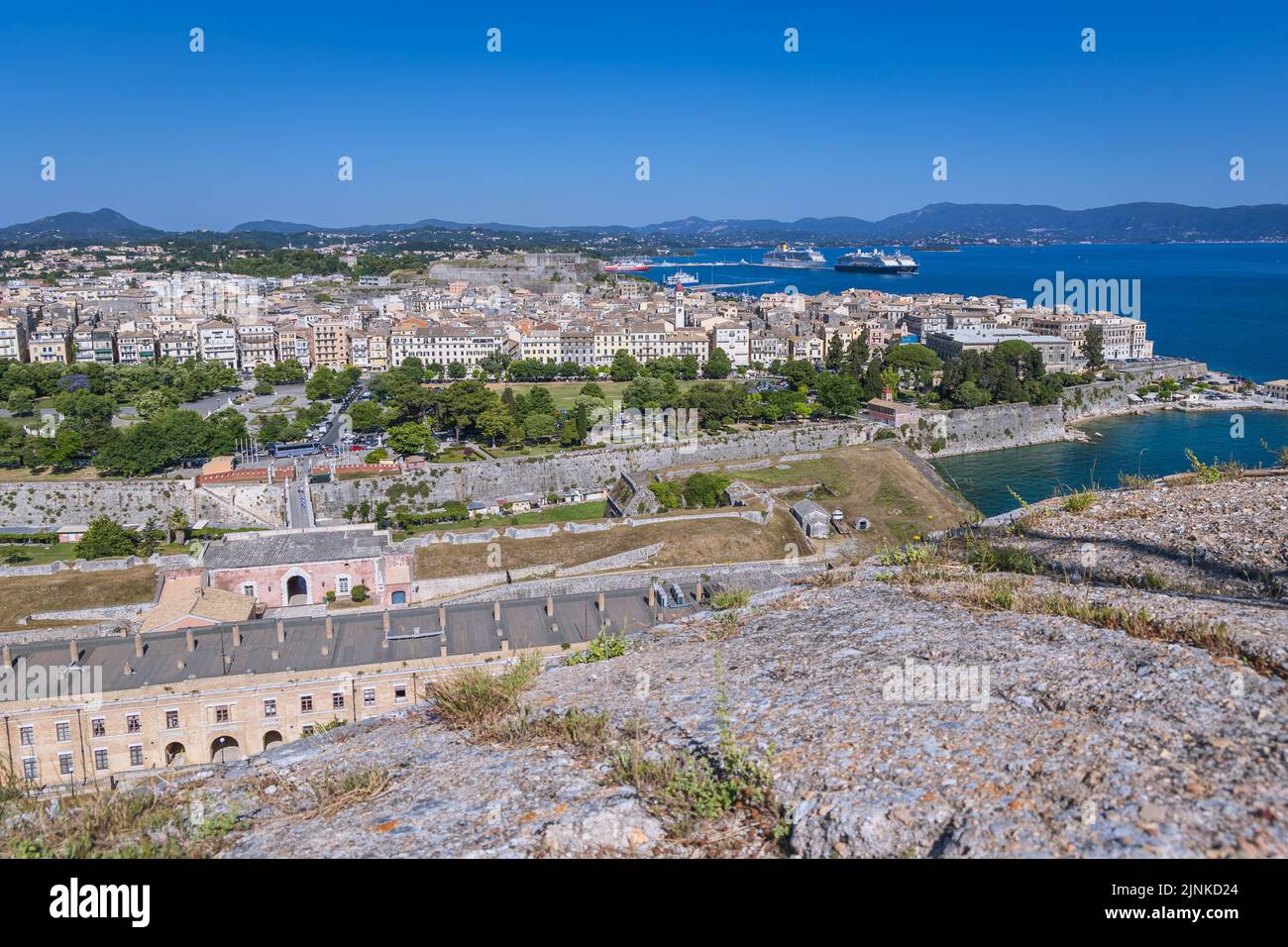 Aerial view from top of Old Venetian Fortress in Corfu town on a Greek ...