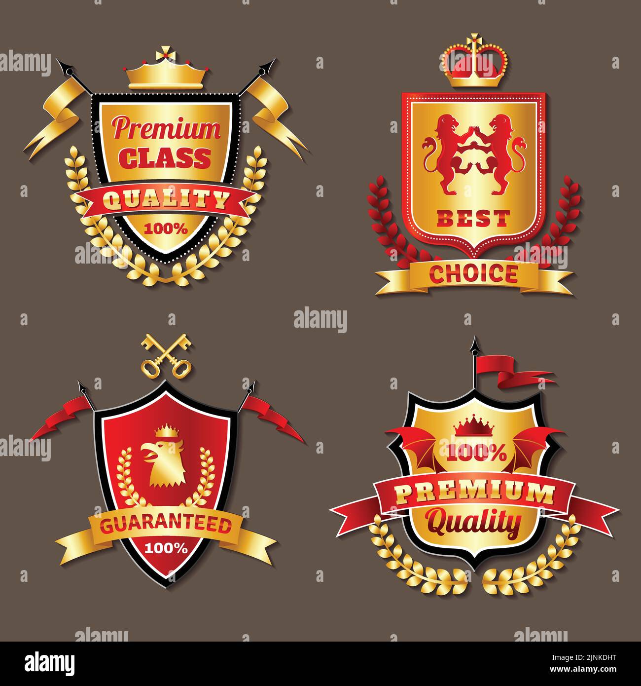 Heraldic premium class realistic emblems set with shields isolated ...