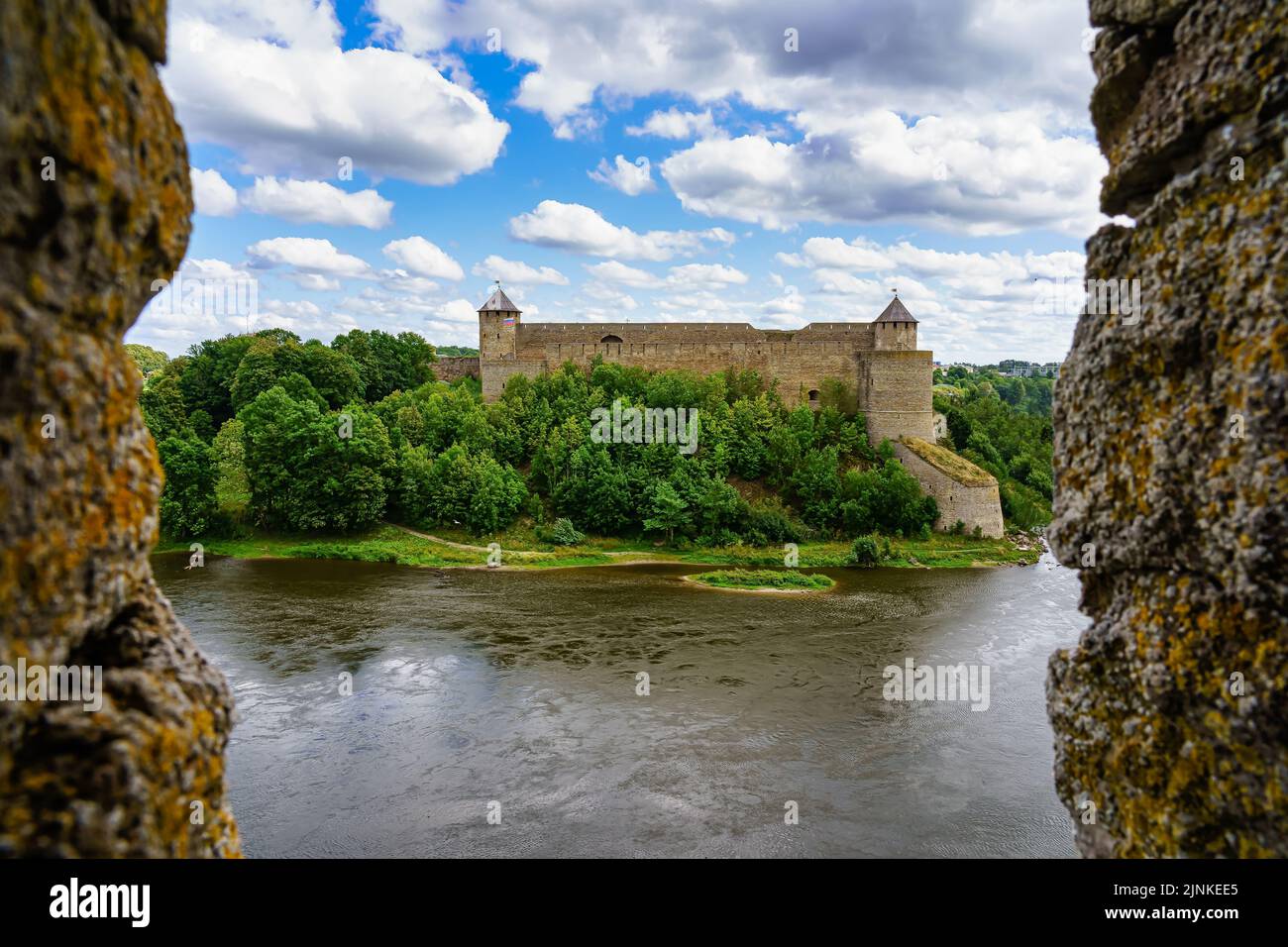 Medieval castle next to the mouth of the river on the border of Russia ...
