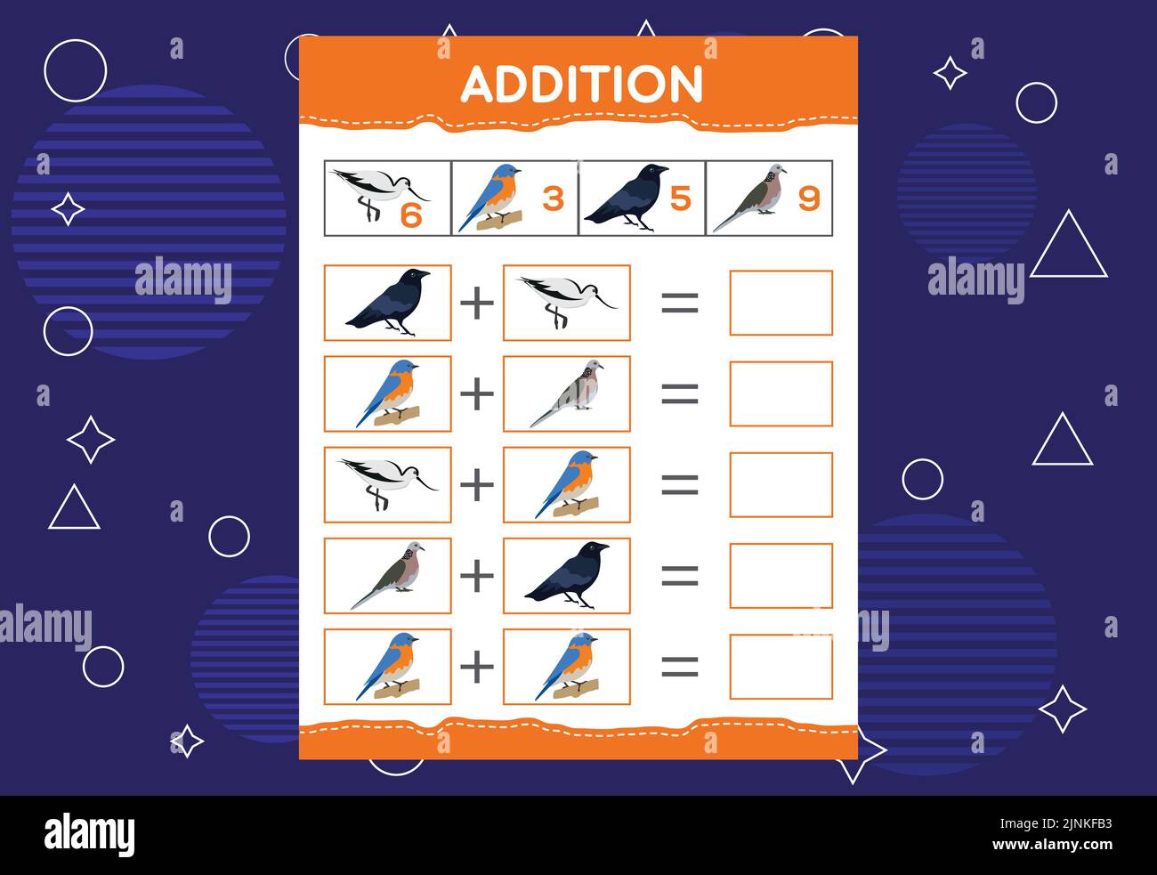 Addition with different birds for kids. An educational worksheet for ...