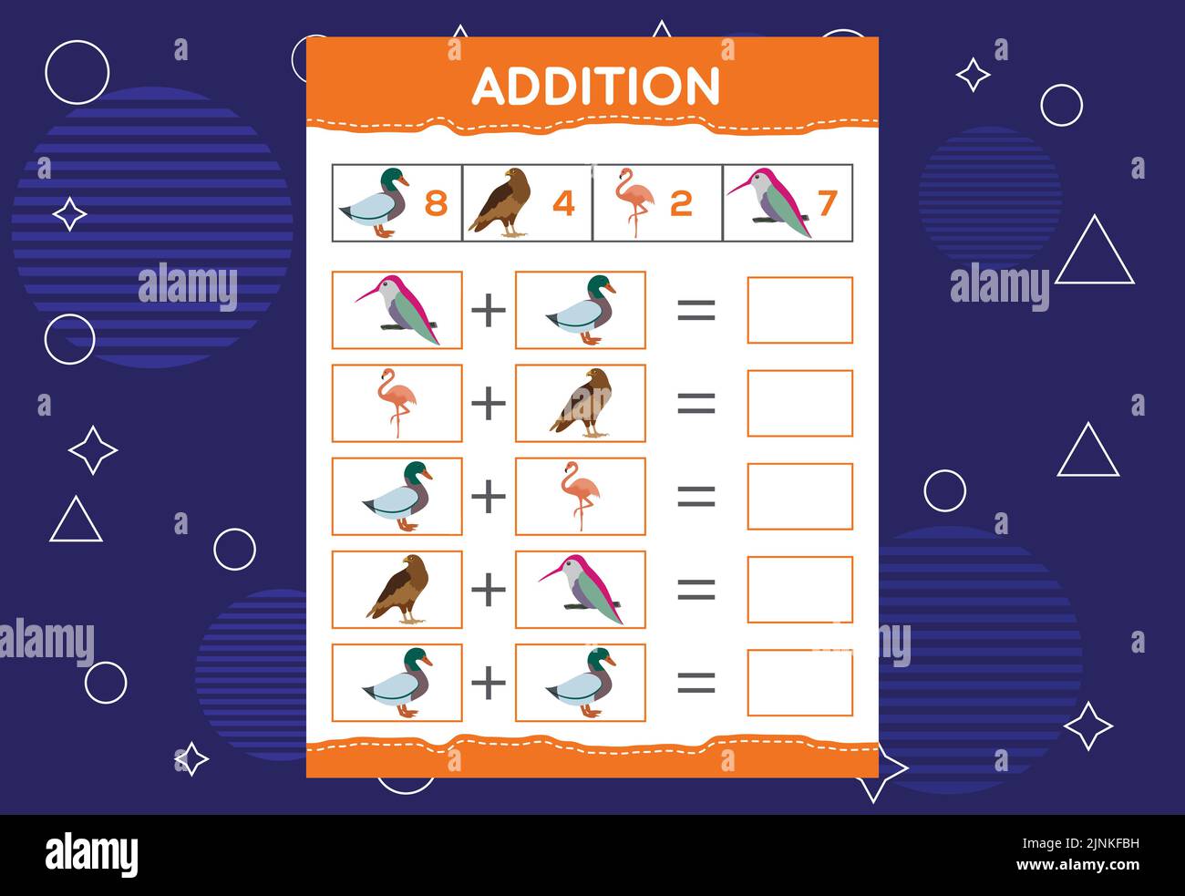 Addition with different birds for kids. An educational worksheet for ...