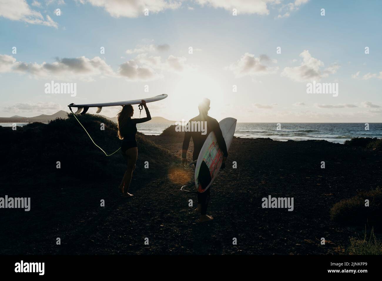 Couple Evening Surfer Surfboard Pairs Surfers Surfboards Stock