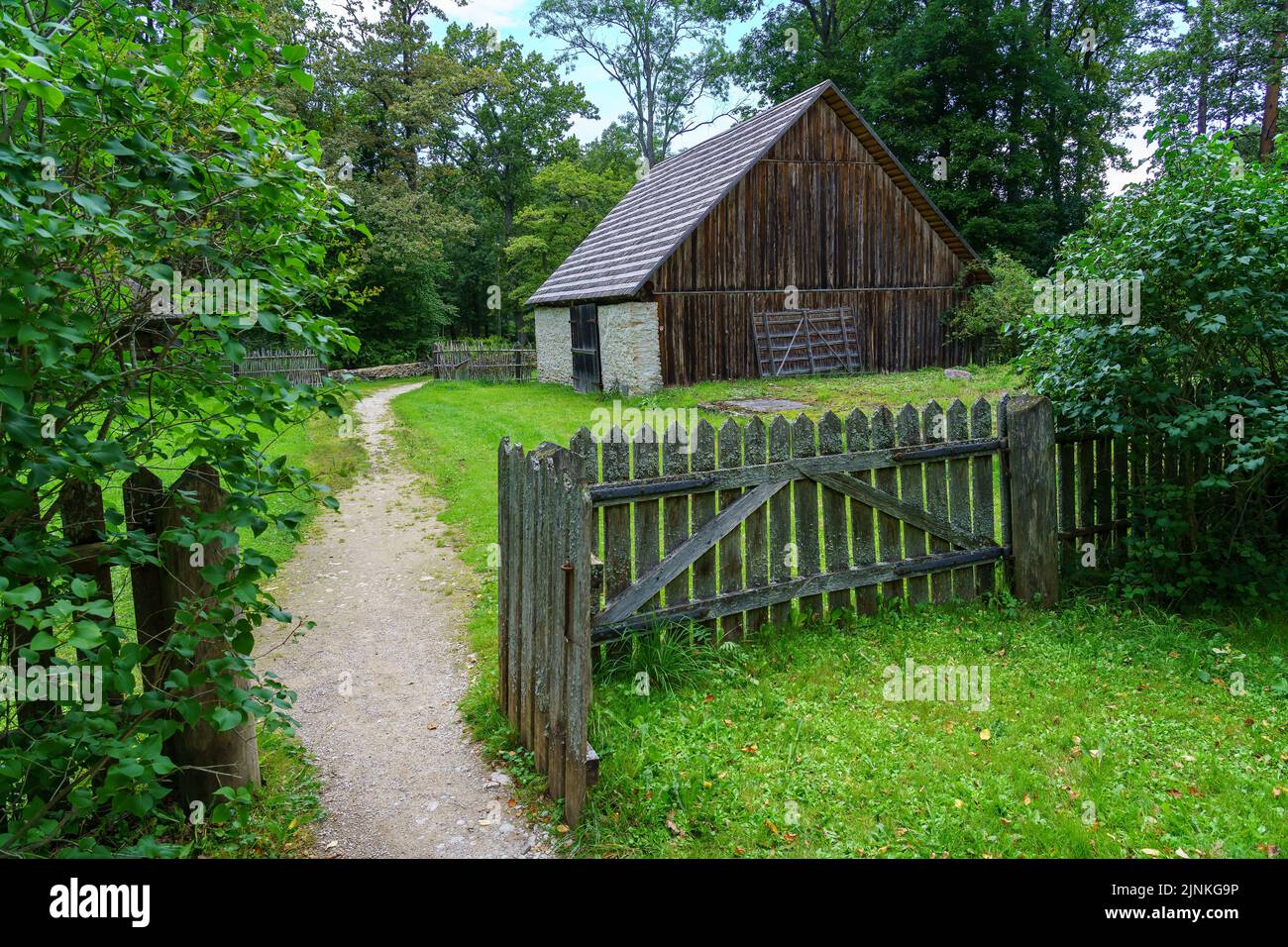 Path in the woods that leads to the old log cabin Stock Photo - Alamy