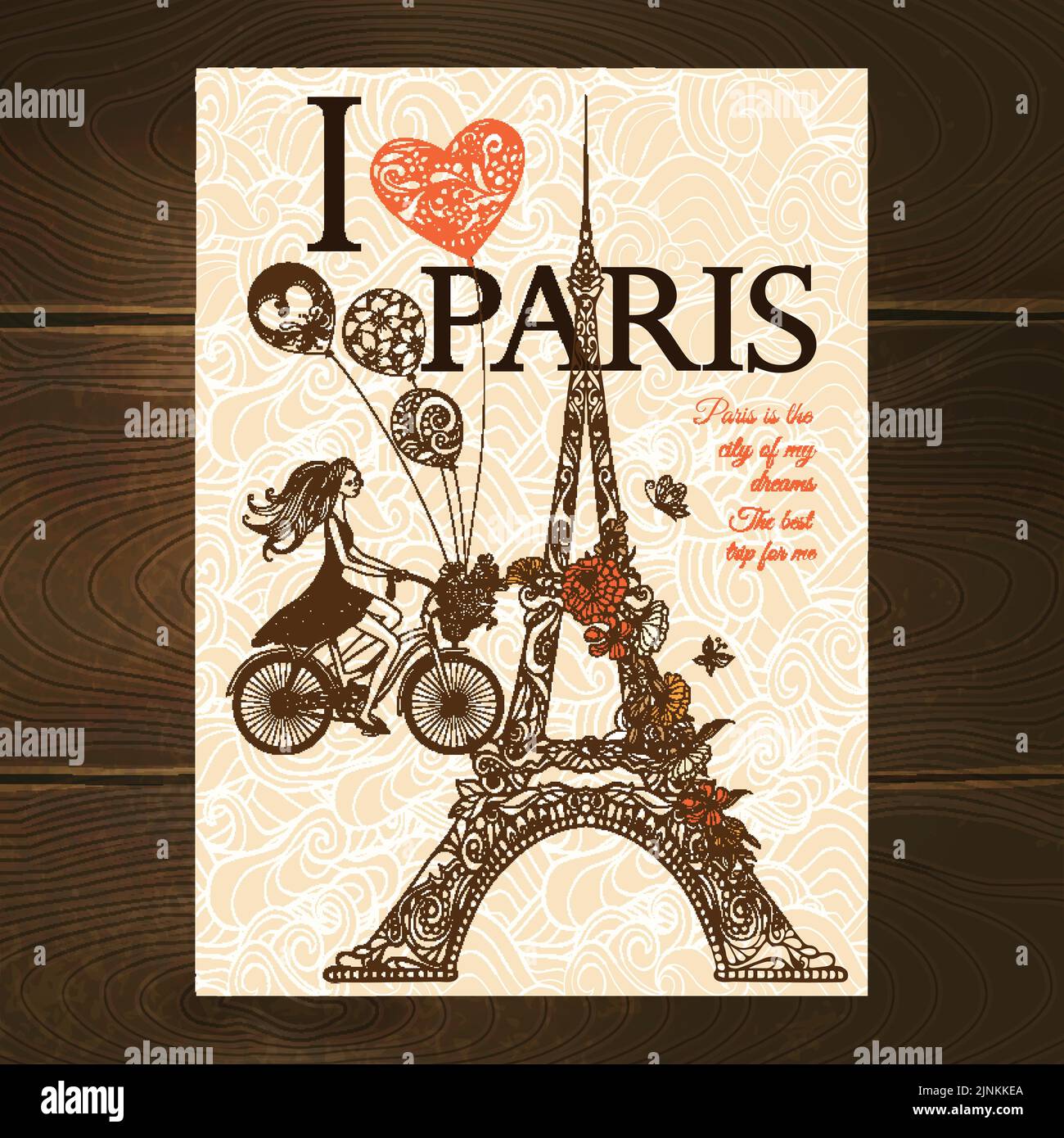 Vintage paris poster with Eiffel tower and girl riding a bicycle sketch ...