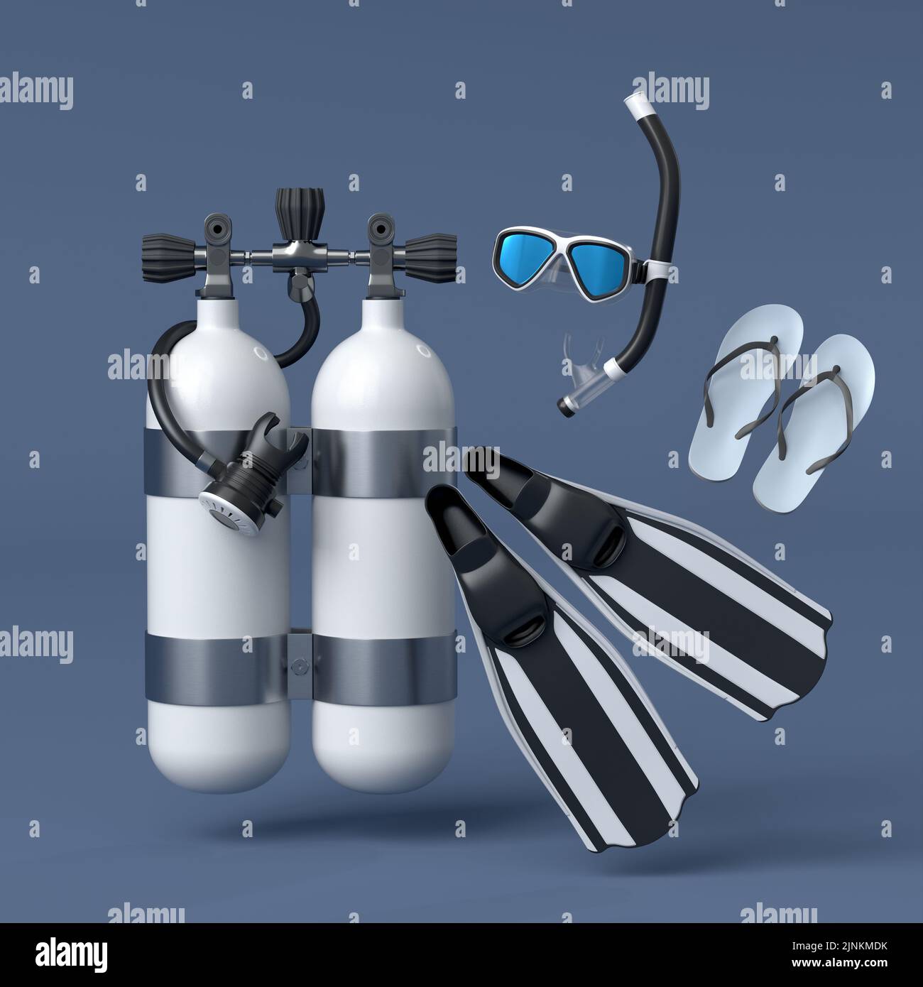 Colorful scuba stuff and beach accessories like umbrella, flip flops ...