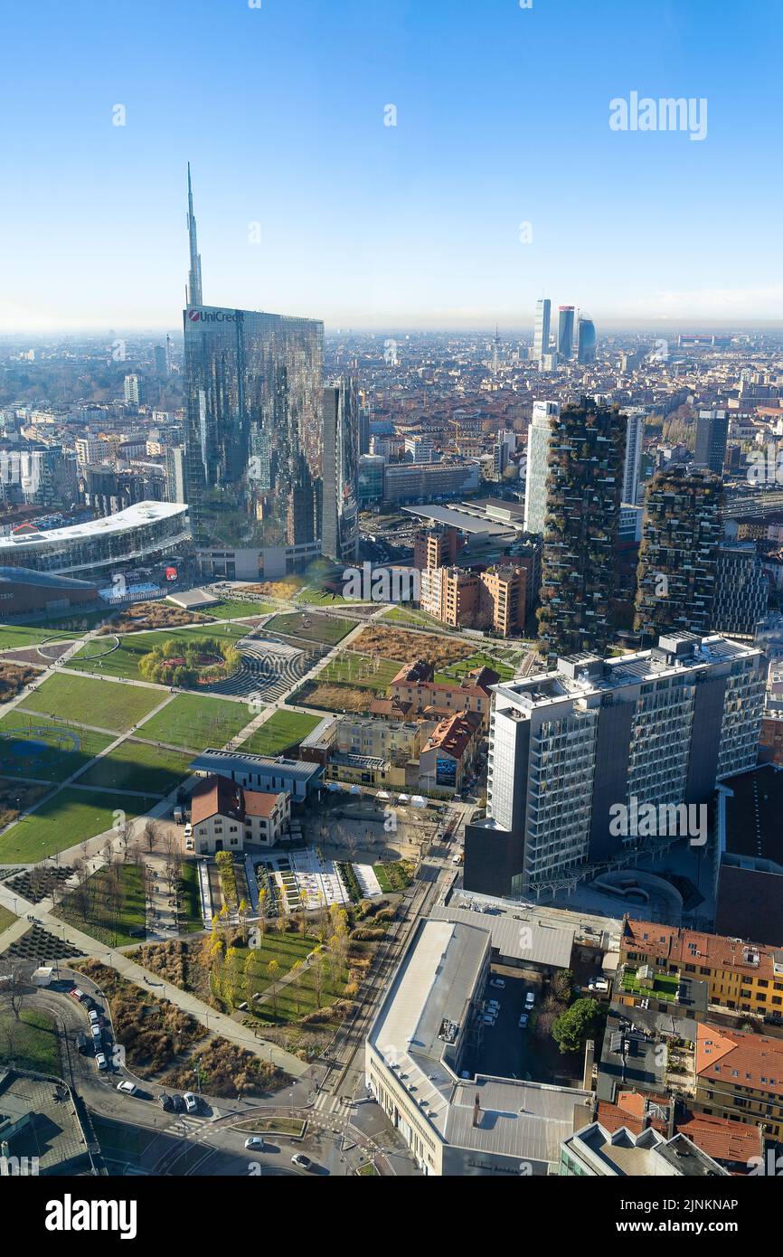 An aerial view over Bosco Verticale and UniCredit Tower from Lombardy ...