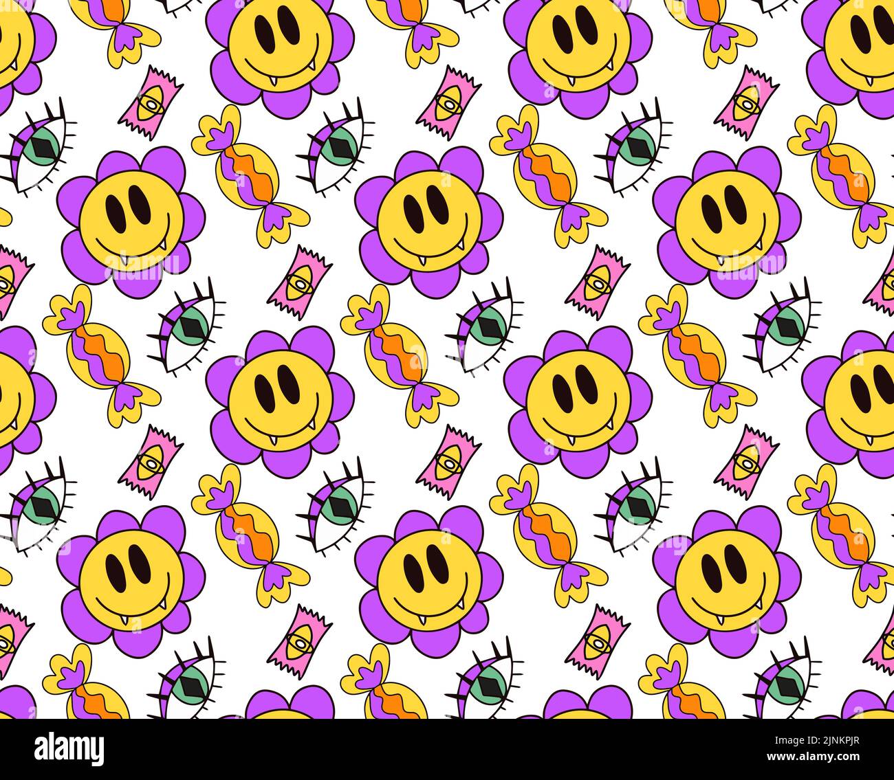 Groovy halloween seamless pattern 70s style. Psychedelic hippie endless ...