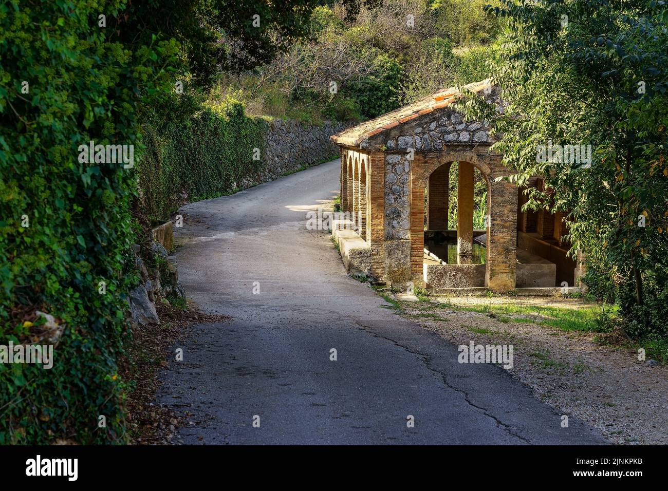 Path in the forest and house with fountain to relax and refresh Stock ...