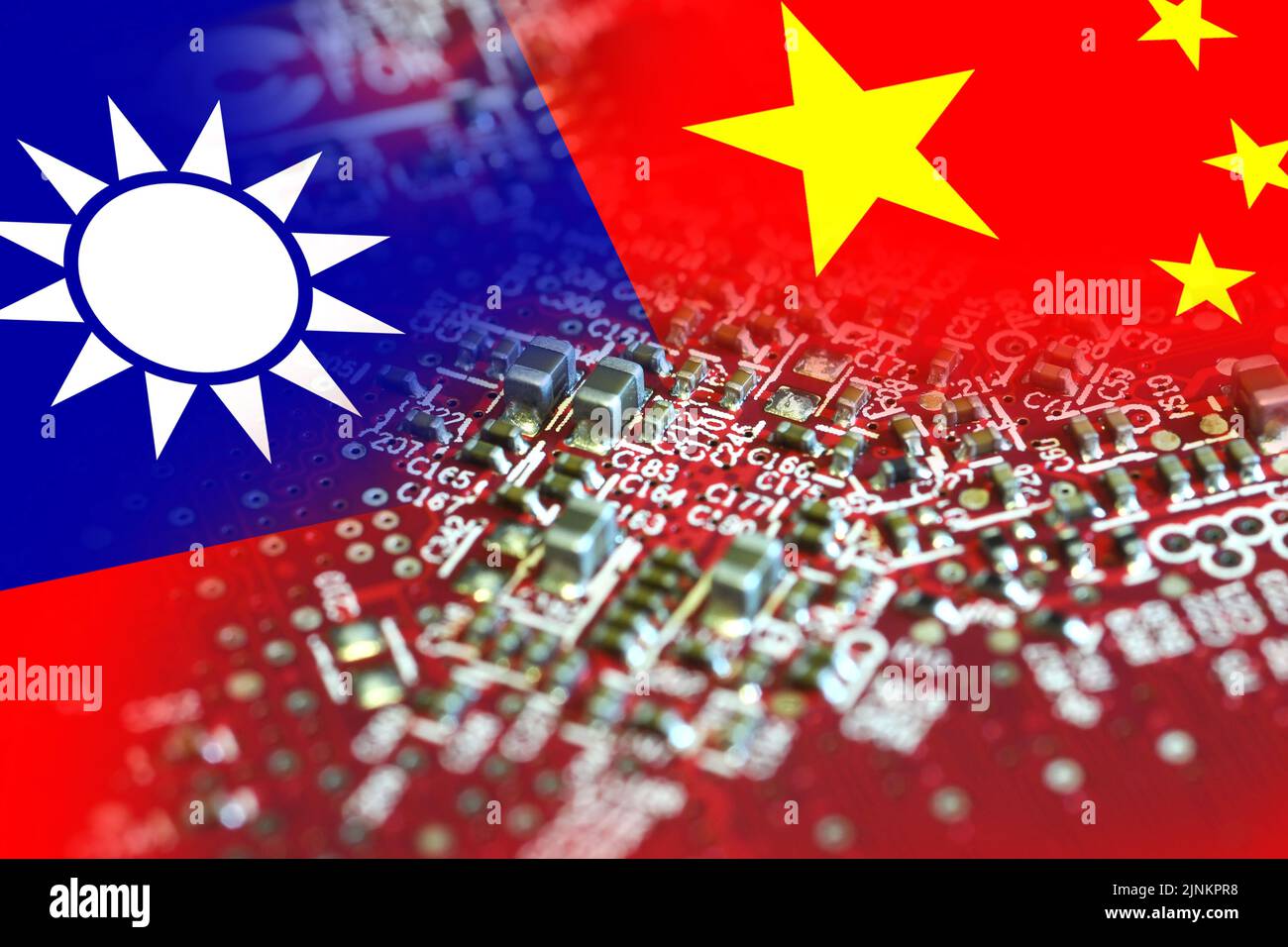 Flag of the Republic of China and Taiwan on microchips of a electronic ...