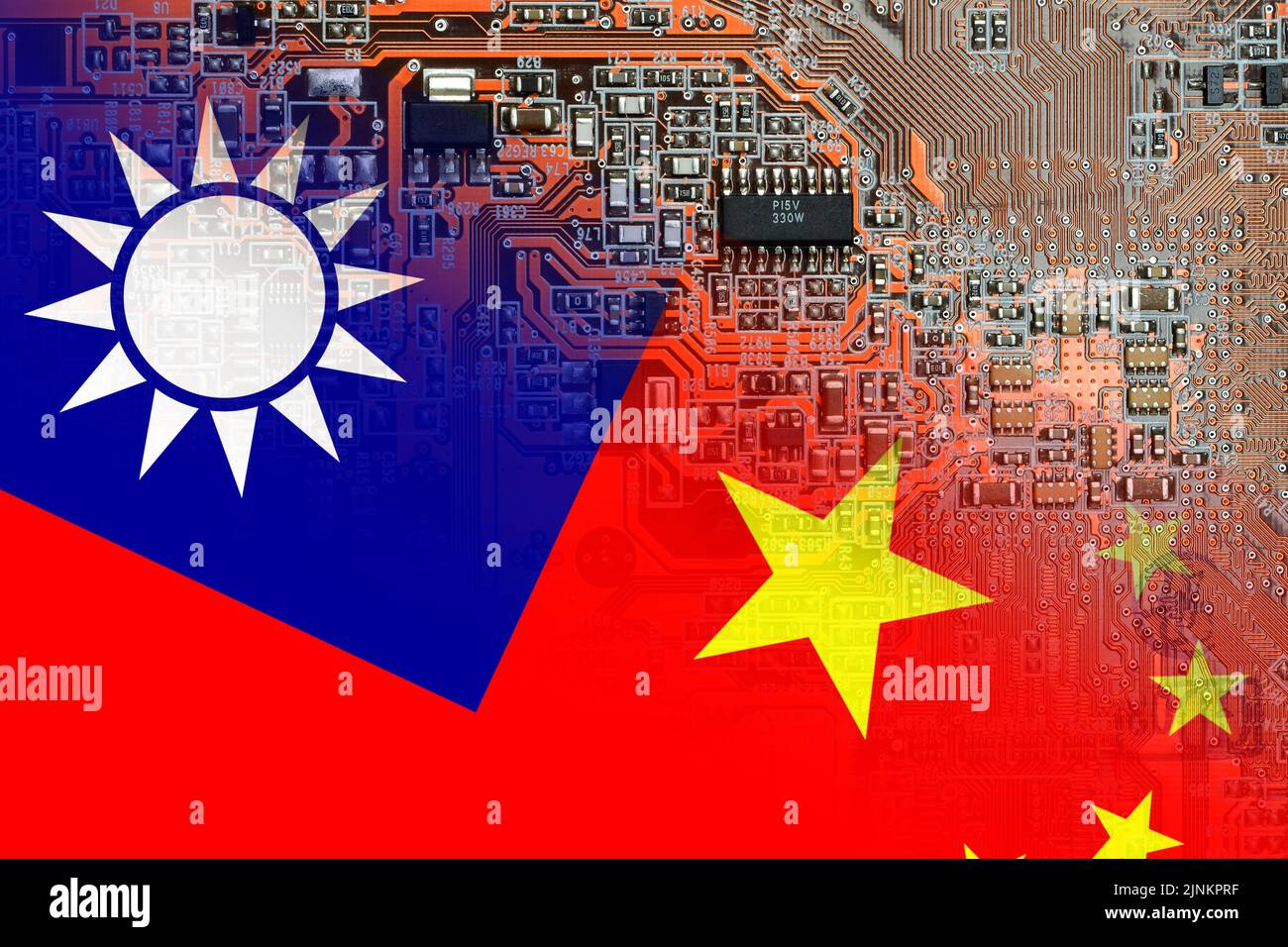 Flag of the Republic of China and Taiwan on microchips of a electronic ...