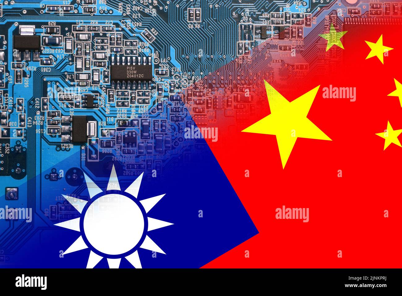 Flag of the Republic of China and Taiwan on microchips of a electronic ...