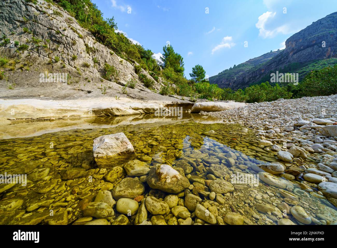 Small stream in the mountain valley with large eroded stones Stock ...