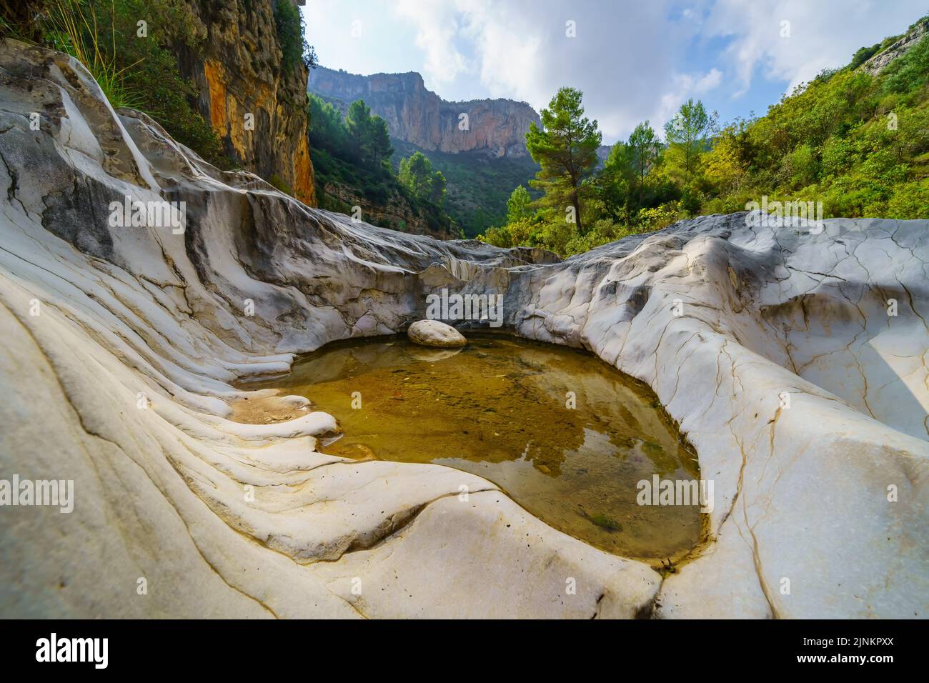 Pool of water trapped between the eroded rocks of the mountainous ...