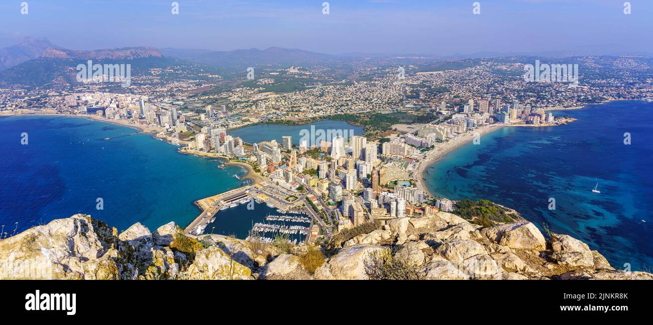 Aerial view of the resort town with its beaches and crowded buildings ...