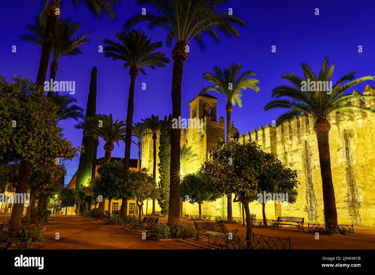 Night view of the Alcazar of Cordoba next to palm tree gardens ...