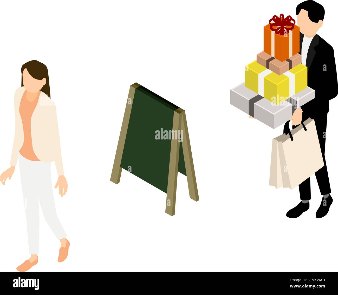 Isometric, a woman entering the store and a man holding a present Stock ...