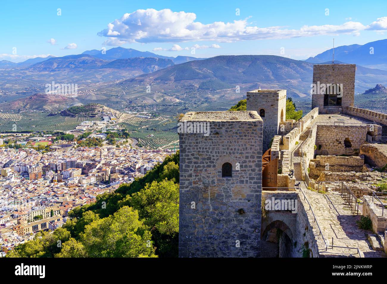 Aerial view of the city of Jaen at the foot of its castle on top of the ...