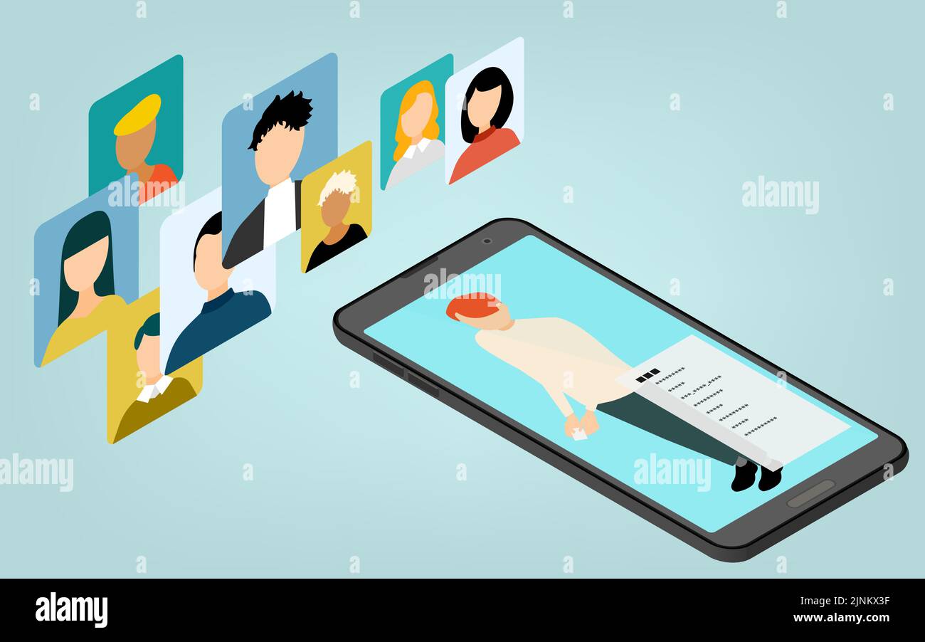 Image illustrations of people connecting using isometric and smartphone ...