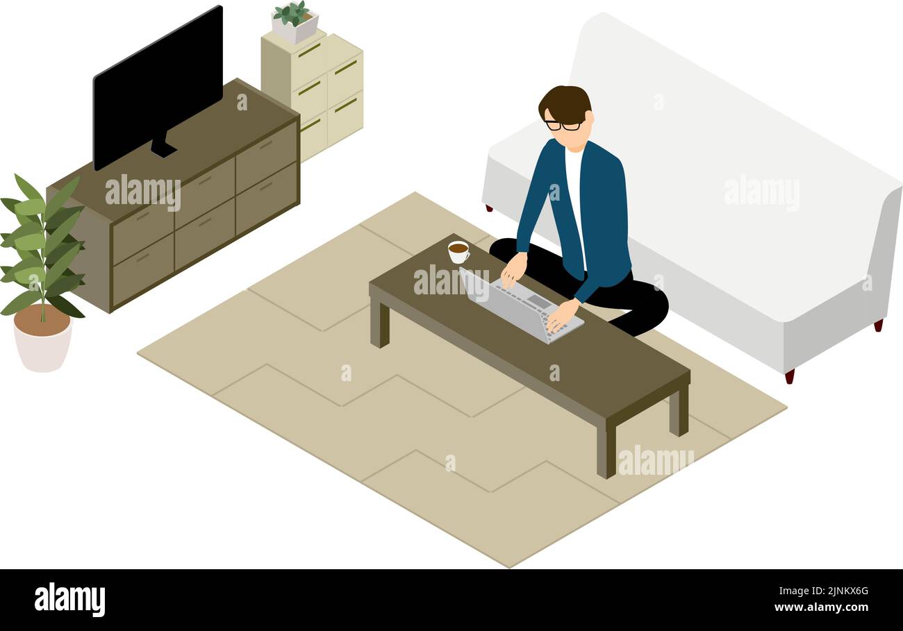 Isometric, people teleworking at the low table in the living room Stock ...
