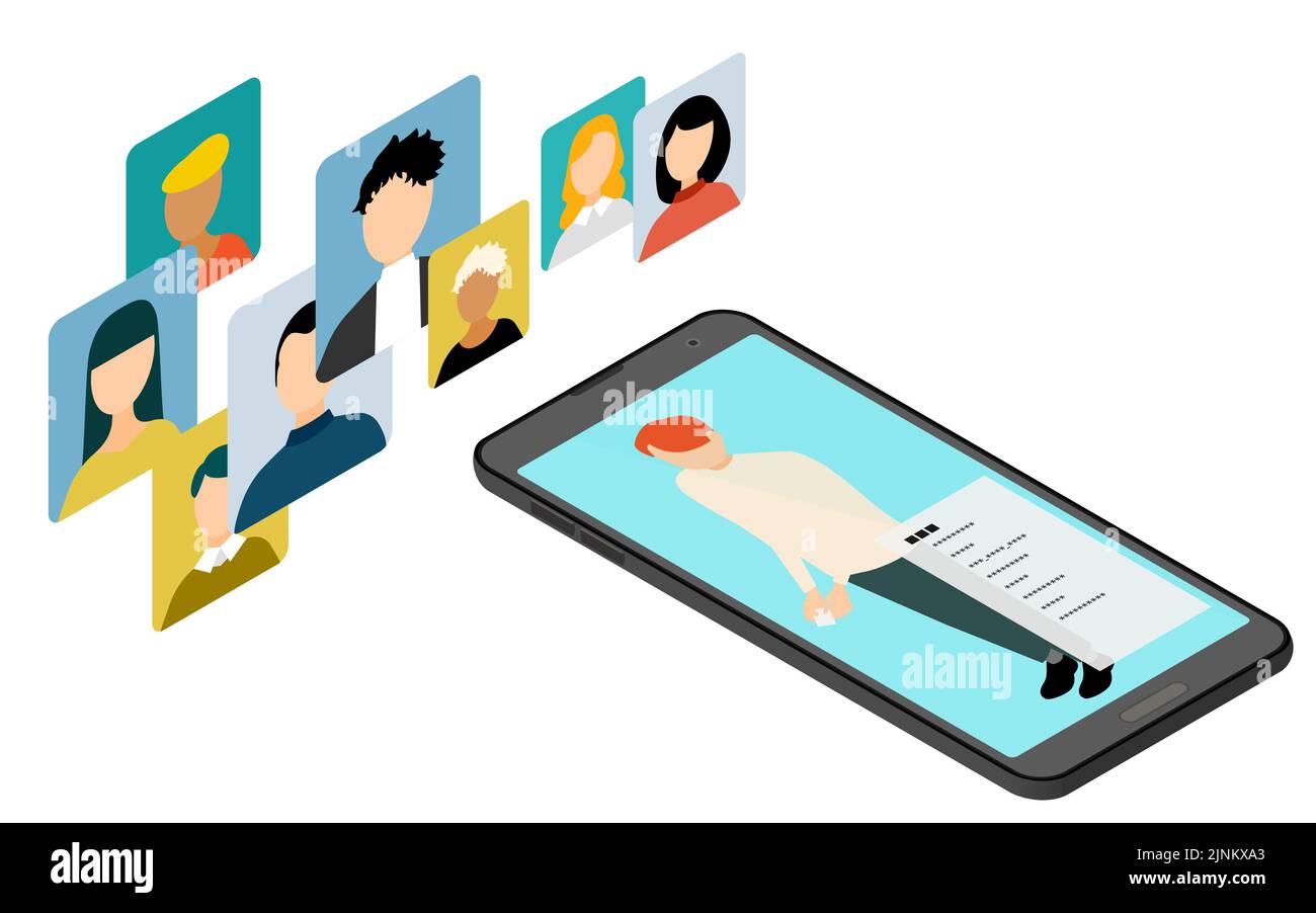 Image illustrations of people connecting using isometric and smartphone ...