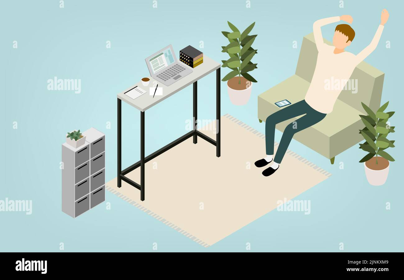 Isometric, teleworking where people working at home stretch Stock ...