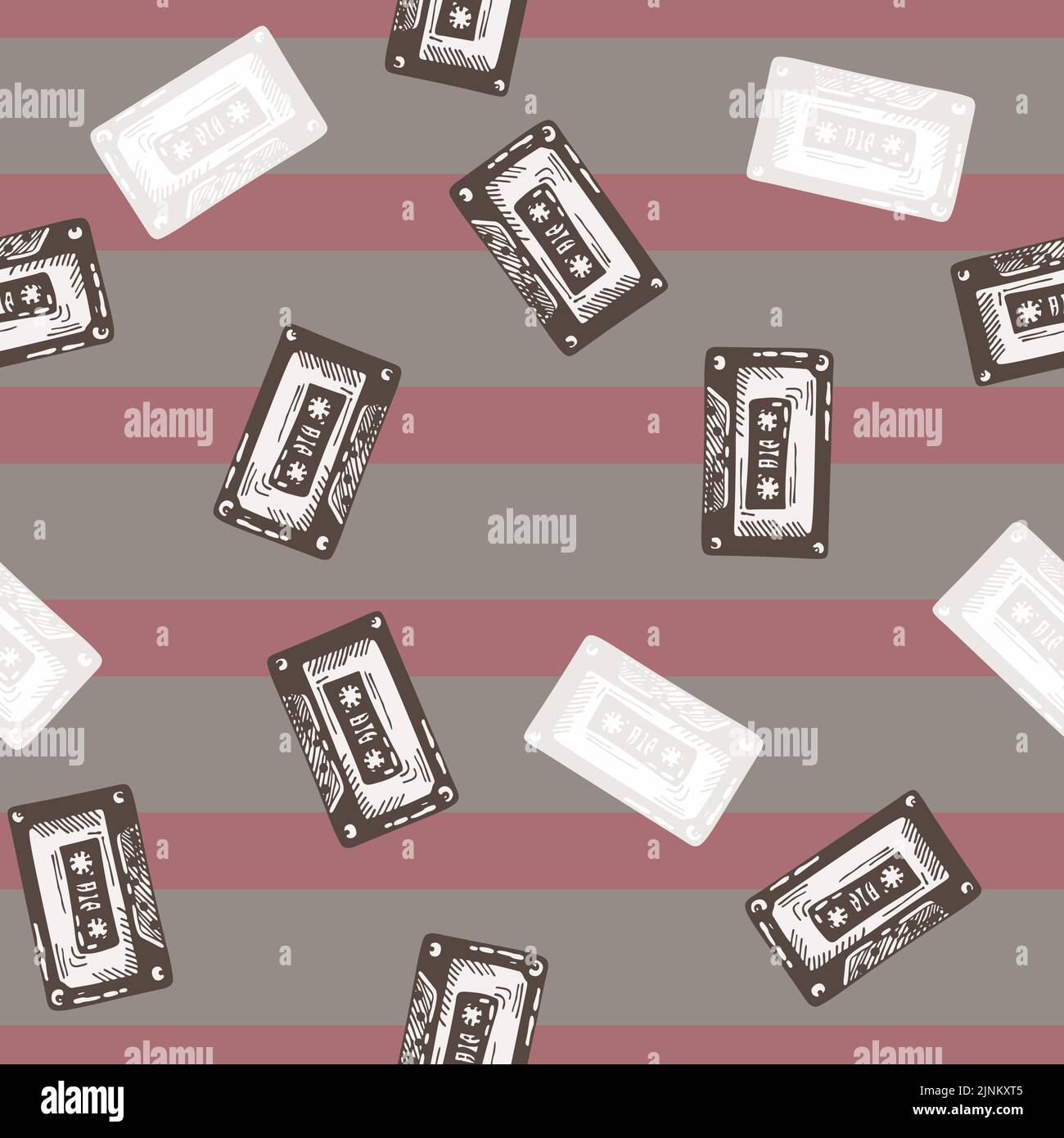 Audio cassette tape engraved seamless pattern. Vintage music cassette ...