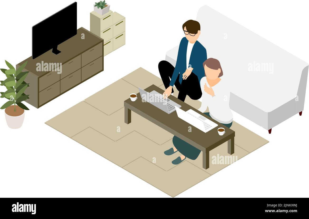 Isometric, people teleworking at the low table in the living room Stock ...