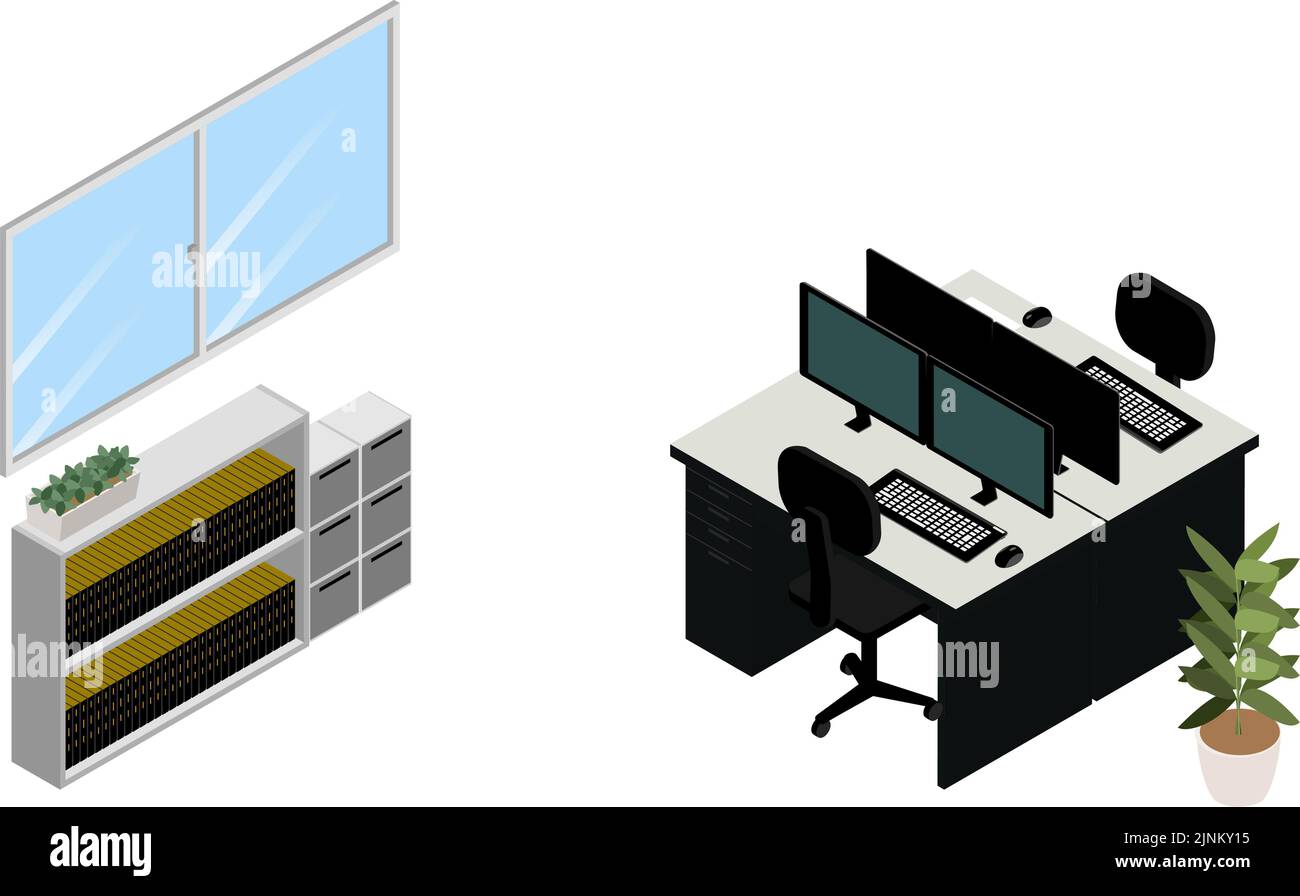 Unmanned office and computer monitor with power off isometric Stock ...