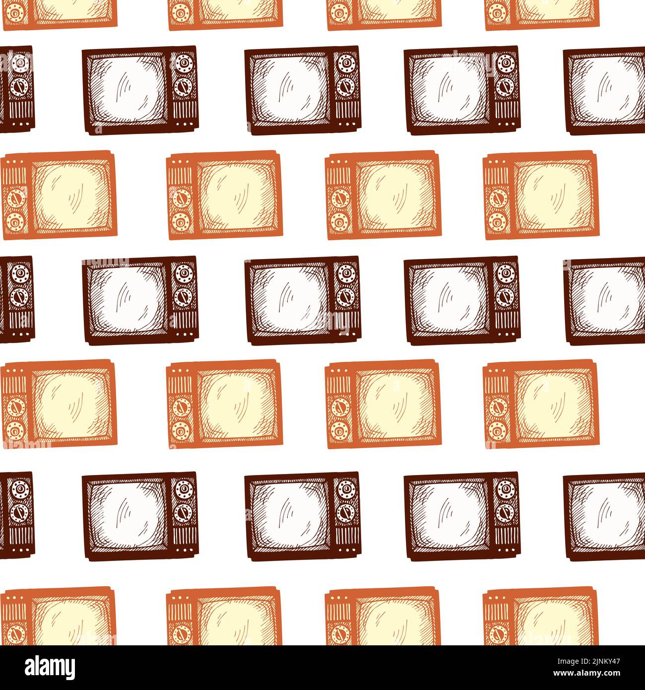 Retro TV engraved seamless pattern. Vintage television media in hand ...