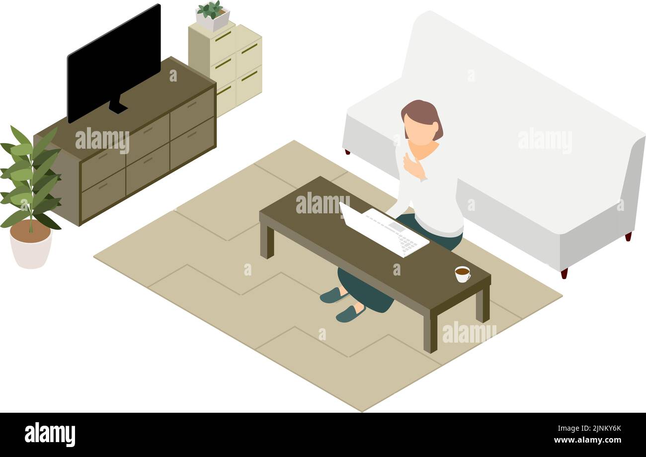 Isometric, people teleworking at the low table in the living room Stock ...