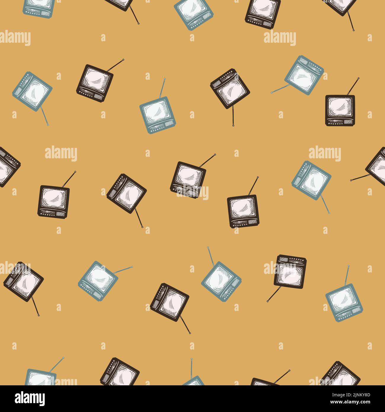 Retro TV with antenna engraved seamless pattern. Vintage television in ...