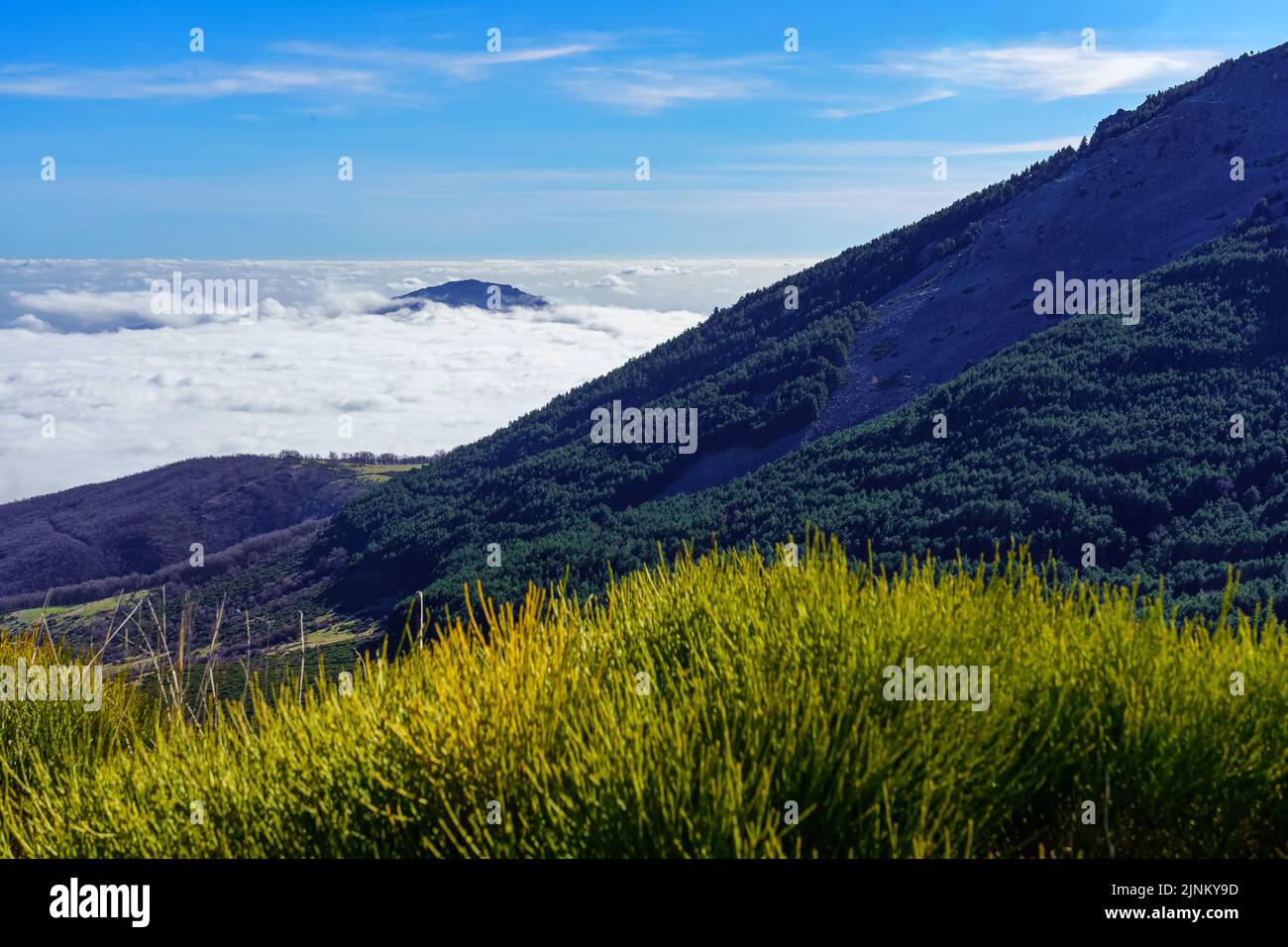 Cloud layers below the high mountains and sunny blue sky. Morcuera ...