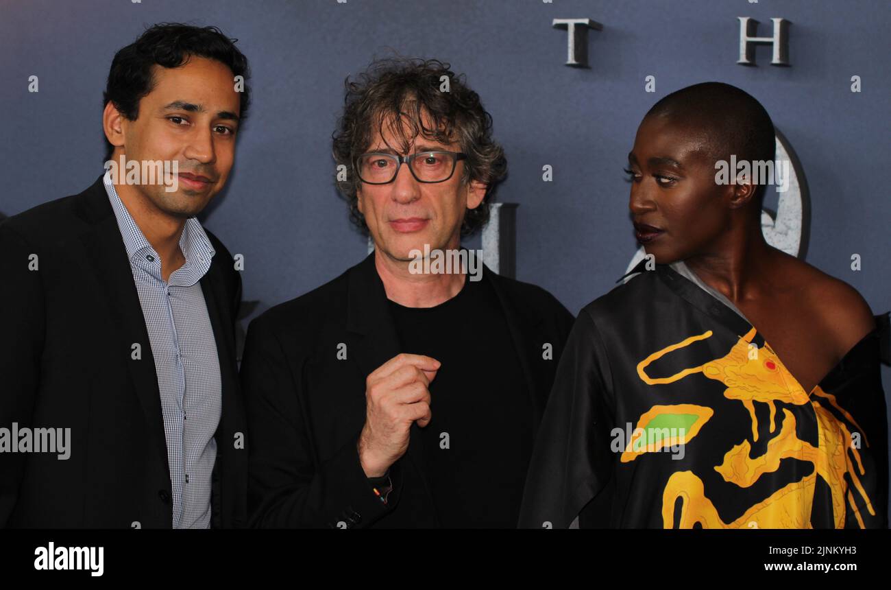 London, UK. Rahul Bansal, Neil Gaiman and Vivienne Acheampong at The ...